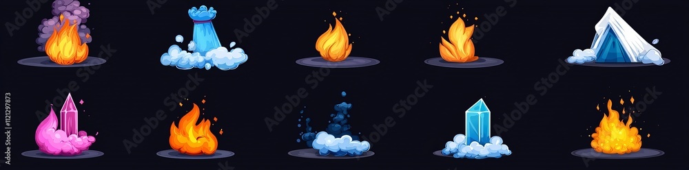 Animated cartoon smoke clouds with neon blue lightning effects and ...