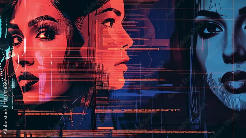 A visually striking animation blending human faces with glowing ...