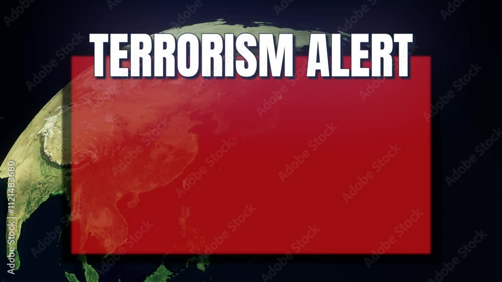 Text warning TERRORISM ALERT over translucent red panel and rotating ...