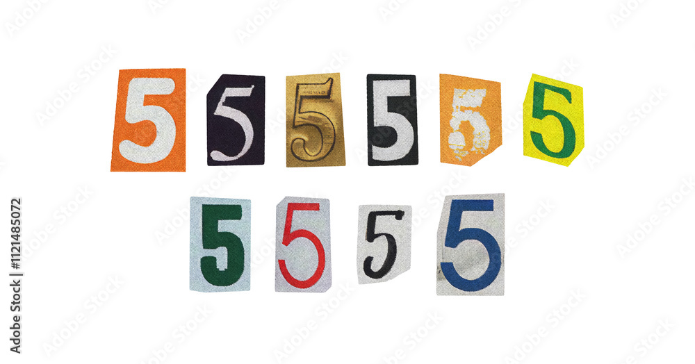 Poster cut-out number "5" set from magazines on a transparent ...