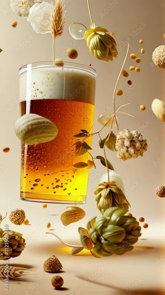 Illustration of a beer glass with foam splashing, surrounded by barley ...