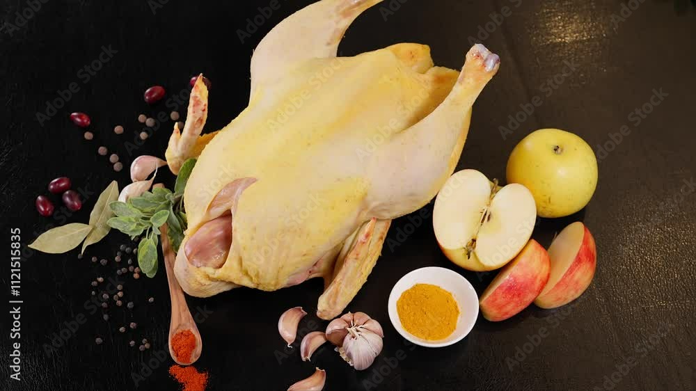 Raw broiler chicken on a black background with spices apples, salt ...