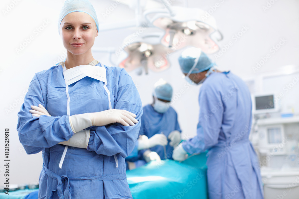 Woman, doctor and portrait with smile for theater, medical surgery and ...