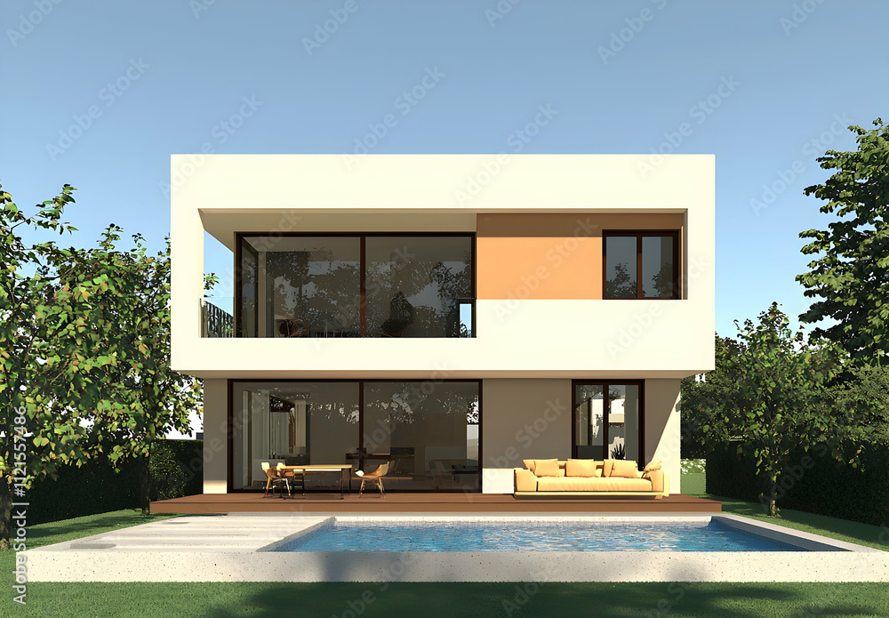 Modern two-story house with a pool and terrace, front view. Large white ...
