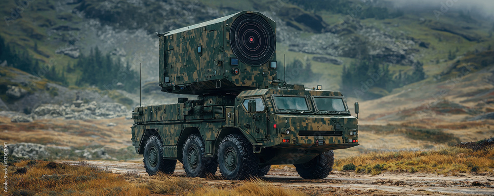 Compact radar system on mobile military vehicle in rugged landscape ...