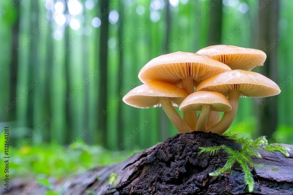 A detailed shot of mushrooms growing on a fallen tree, representing ...