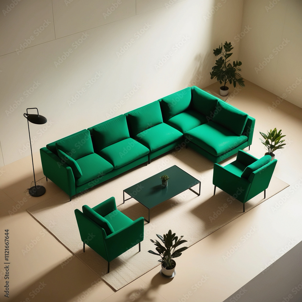 Aerial view of a sleek modern living room with a vibrant green ...