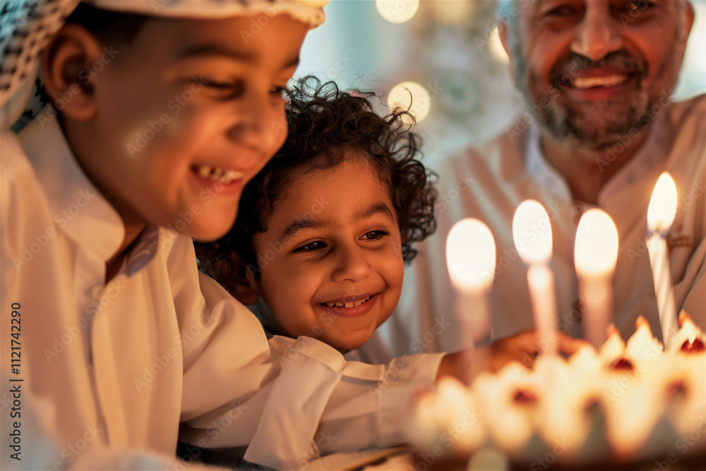 AI-generated photo with a happy smiling Arab family with birthday cake ...
