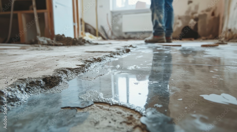 Laying ceramic tiles with cement on a floor during renovation close up ...
