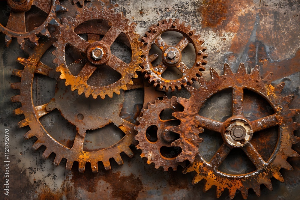 Closeup of heavily rusted interlocking gears. Shows signs of age and ...