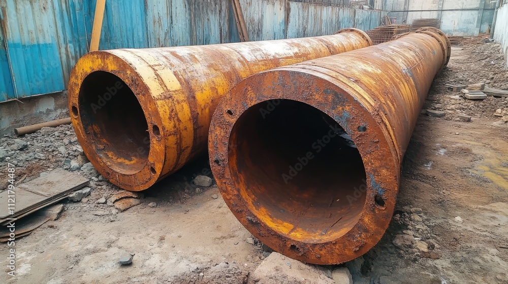 Rusty Steel Drainage Pipes on Construction Site for Industrial Sewer ...