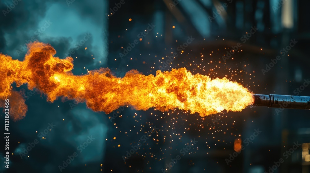 Gas flaring torch releasing flames at an oil facility illustrating ...
