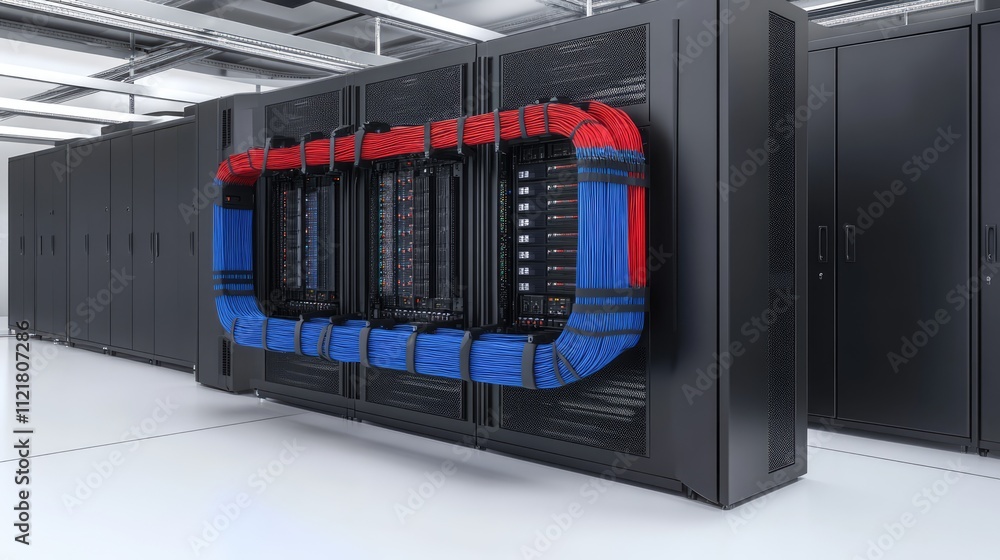Server rack with organized blue and red patch cords connected to a dark ...