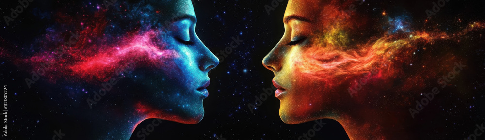 Two faces connect through a mystical cosmic energy, symbolizing unity ...
