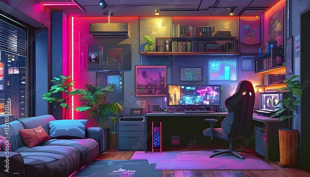 Animated virtual backgrounds, cyberpunk inspired modern gaming room ...