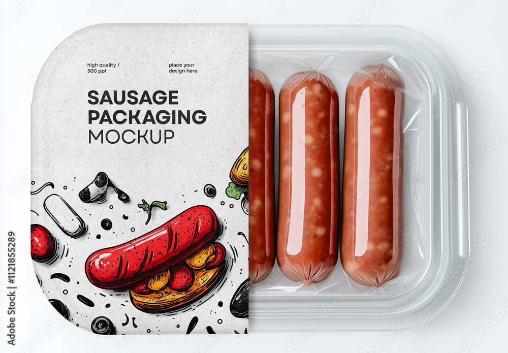 Sausage Packaging Mockup – Realistic Plastic Tray with Illustrated ...