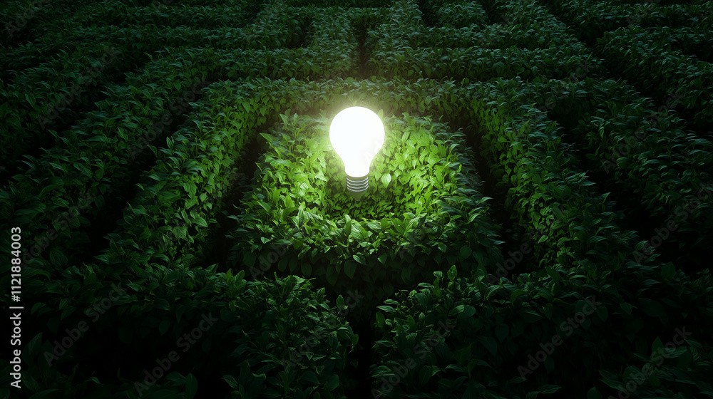 An aerial view of a lush, sprawling maze with a radiant lightbulb at ...