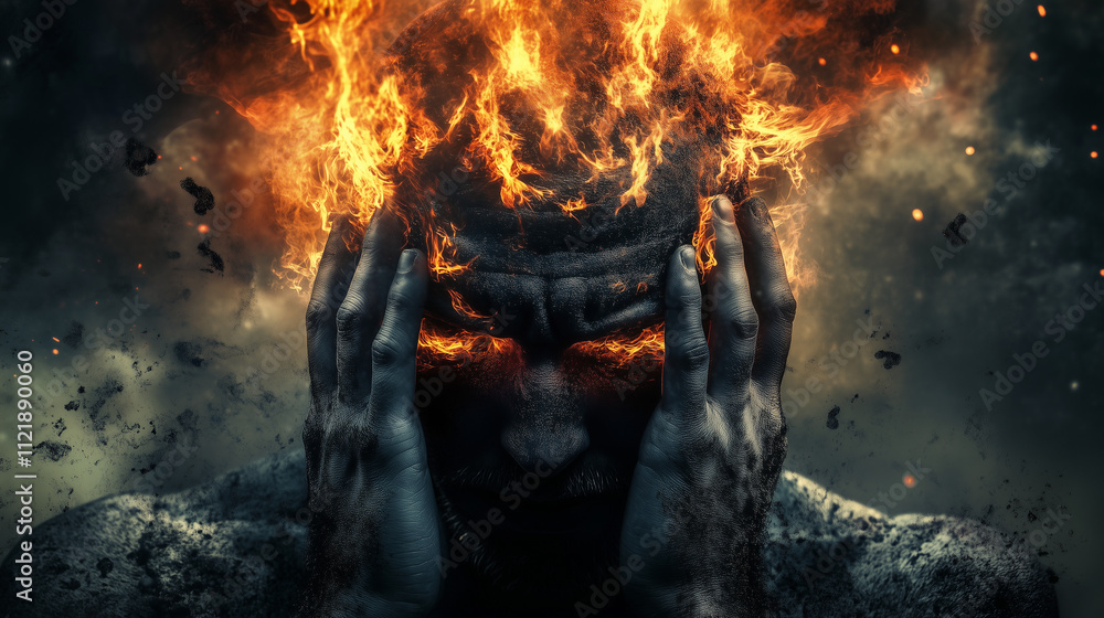 Tormented man consumed by flames of rage and anguish, holding his head ...