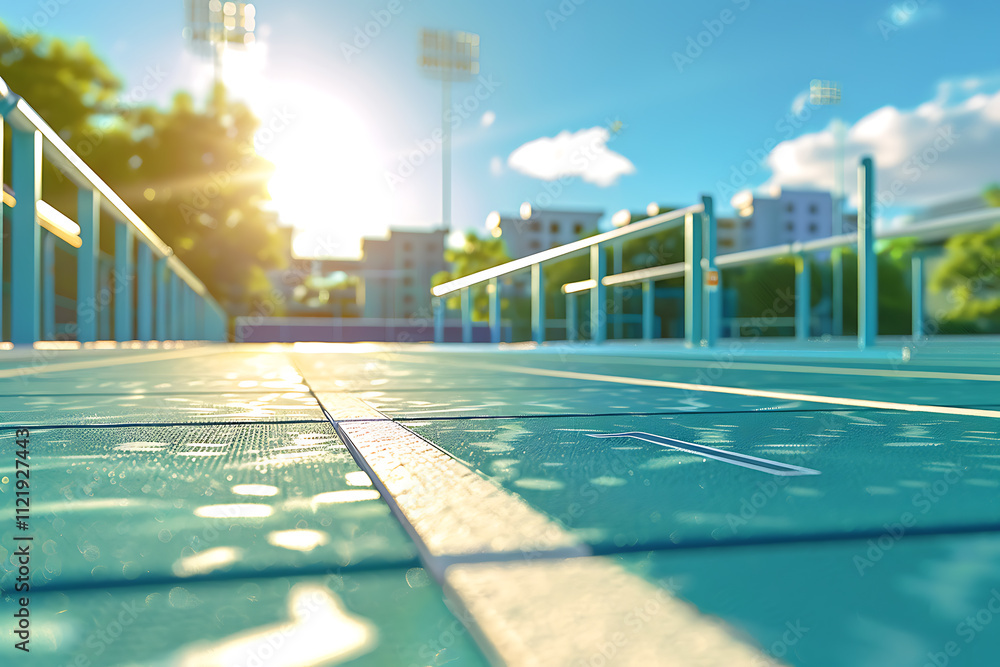 track and field competition, hurdles silhouette the skyline, judges ...