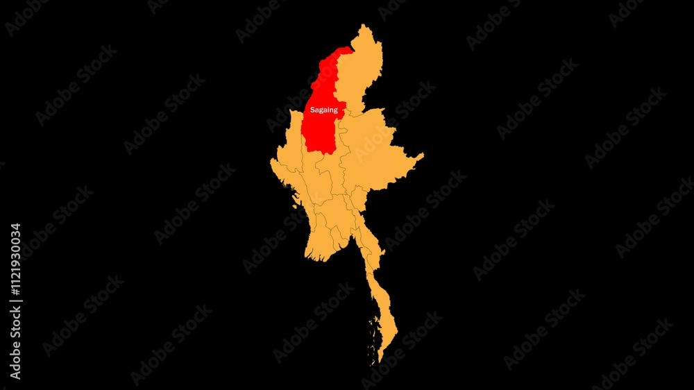 Sagaing map animated video. The location is highlighted on the myanmar ...