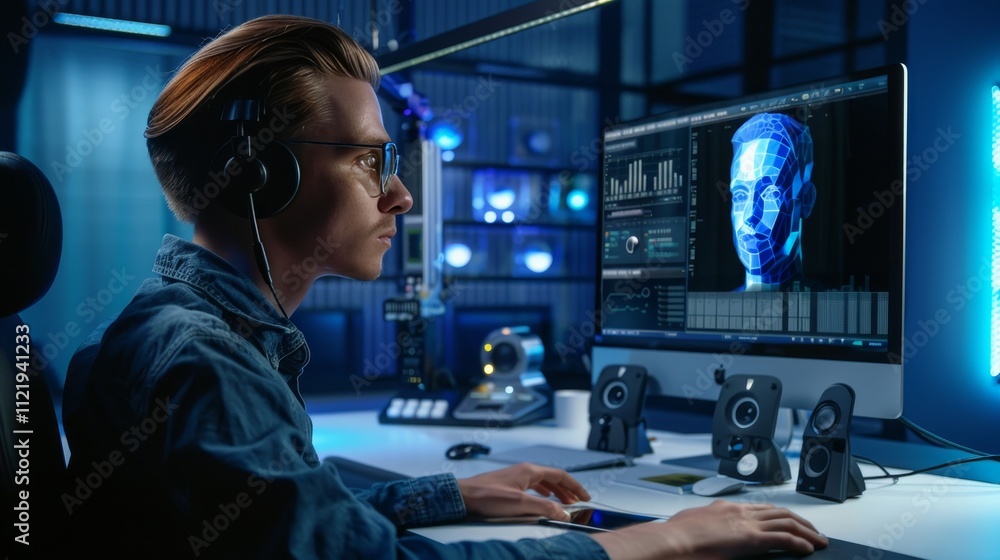 Dynamic scene of voice actor in soundproof studio with ai transcription ...