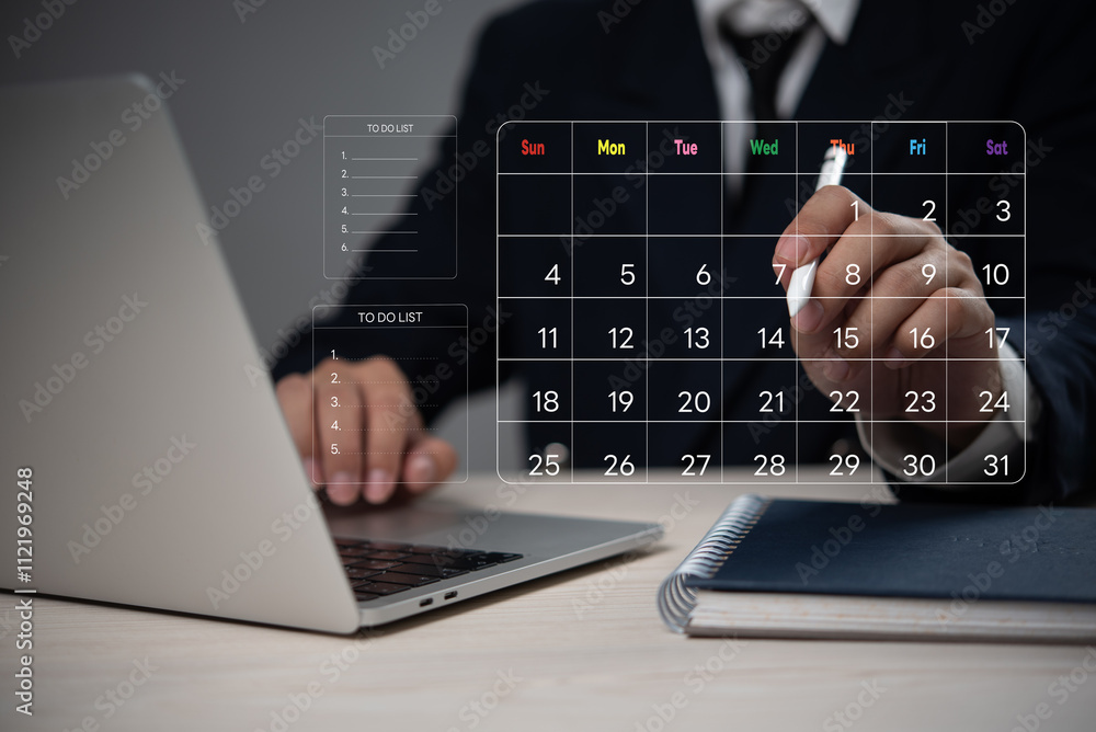 Businessman holding pen marks on virtual screen calendar, business ...