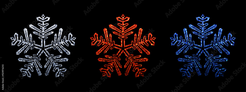 Vector illustration of silver, red, and blue snowflakes in a glittery ...