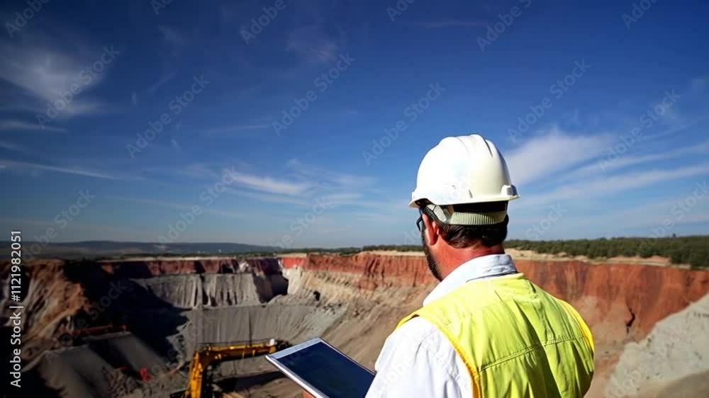mining engineer surveying open-pit mine heavy machinery rock formations ...