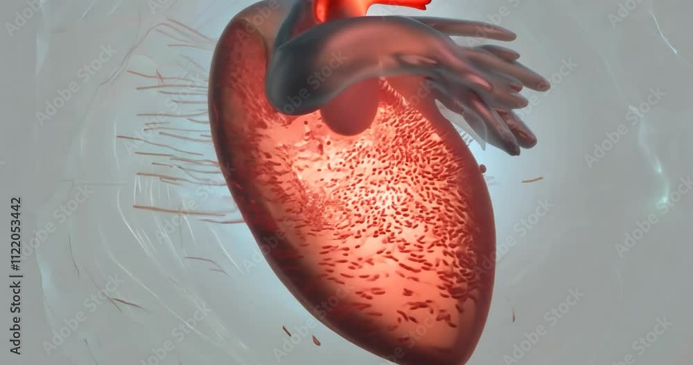 A 3D visualization of the human heart pumping blood through arteries ...