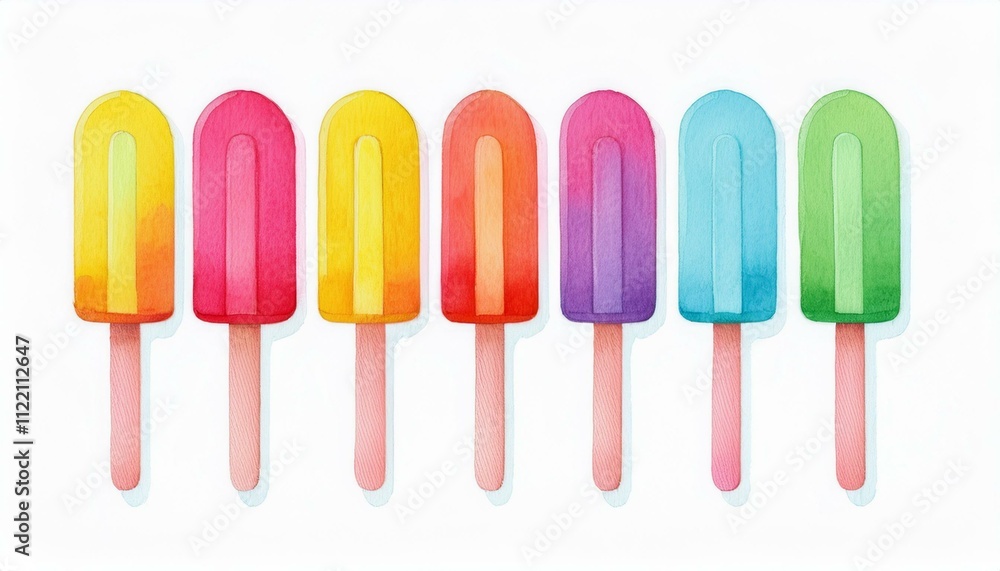 Rainbow Popsicles: A vibrant row of watercolor popsicles in a spectrum ...