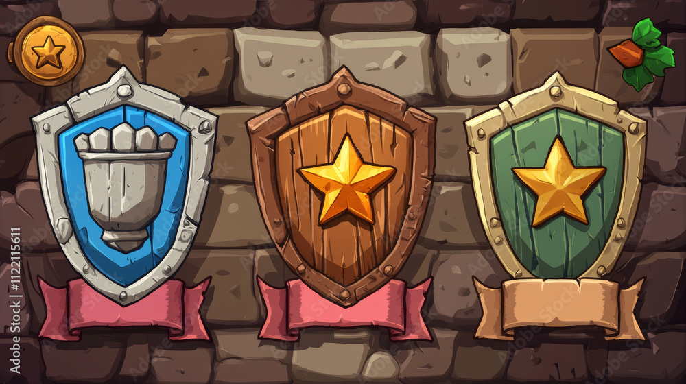 Win and level up badges for mobile game ui design. Cartoon vector ...