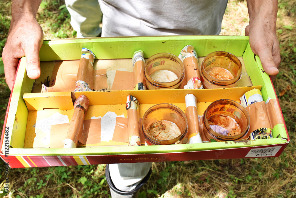 Brown urushi sap, freshly collected from Japanese lacquer trees ...