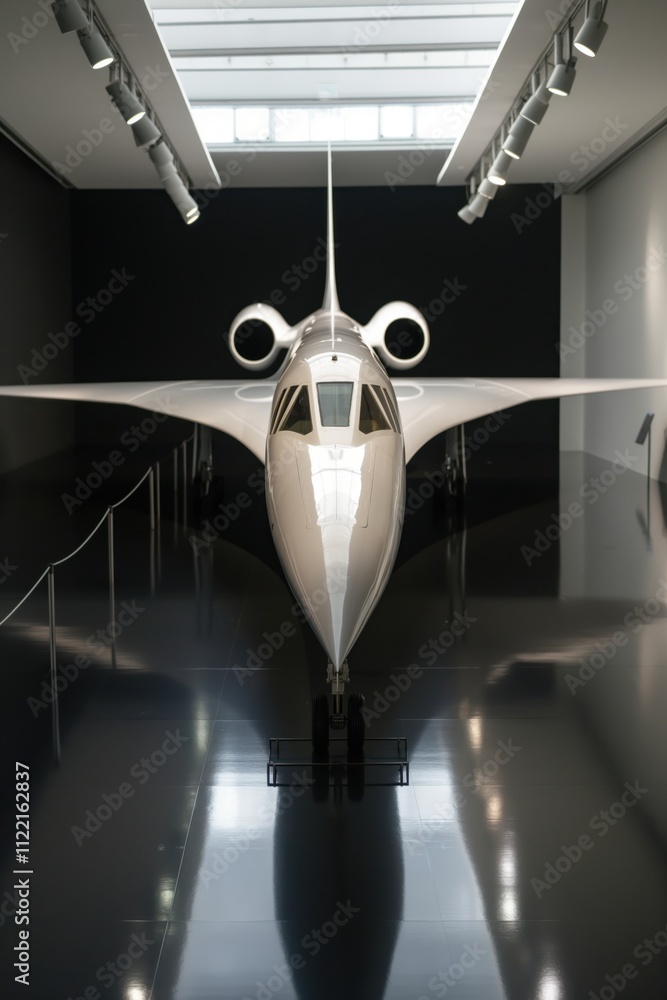 Modern display of next-gen supersonic jet concept in aviation museum ...