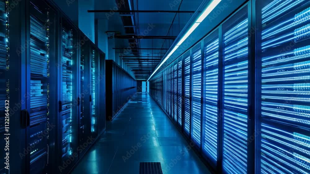 Data center with server rack cabinets. AI training cluster. Modern datacenter, supercomputer ...