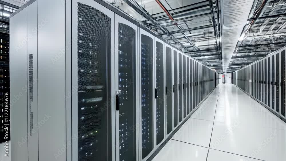 Data center with server rack cabinets. AI training cluster. Modern datacenter, supercomputer ...