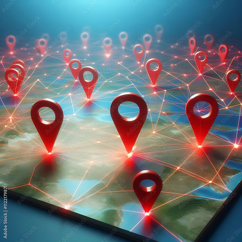 3d map with red location pins and network lines illustrating GIS ...