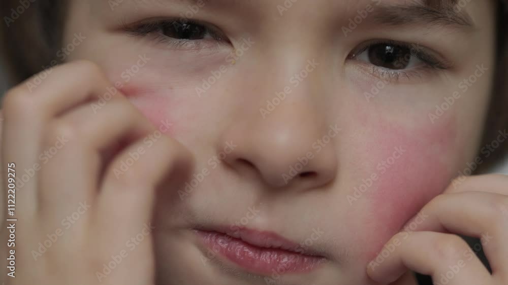 Child Scratching Red Rash on Face. Boy Scratches Atopic Skin ...