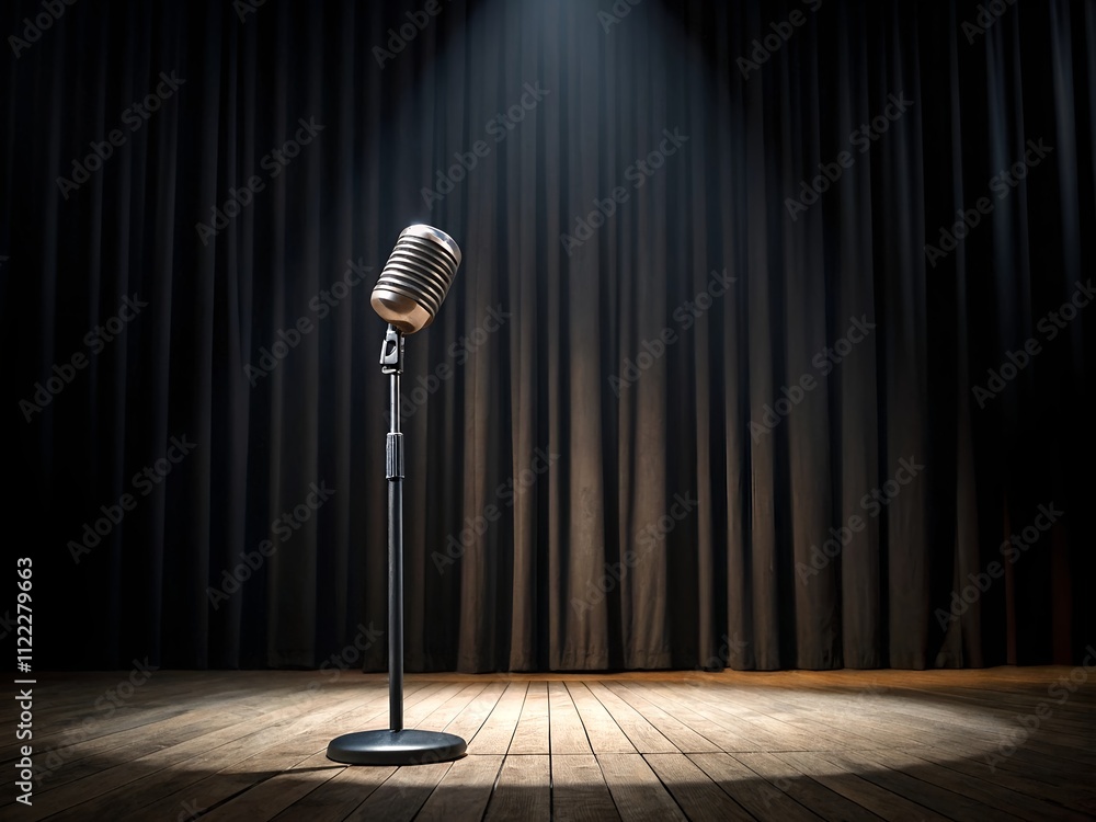 Mic with stand on an empty stage, spotlight on a dark curtain ...