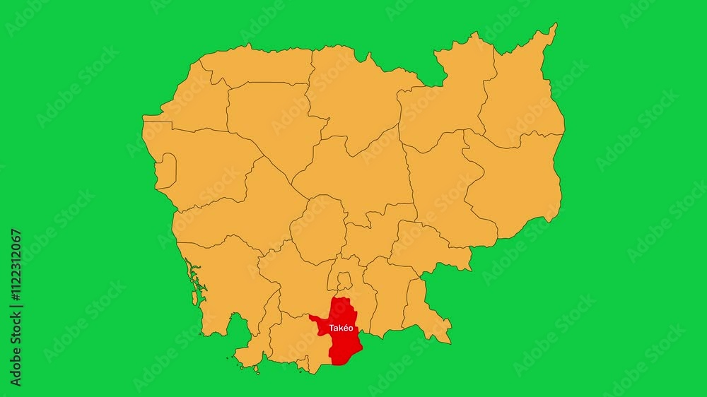 Takeo map animated video. The location is highlighted on the Cambodia ...