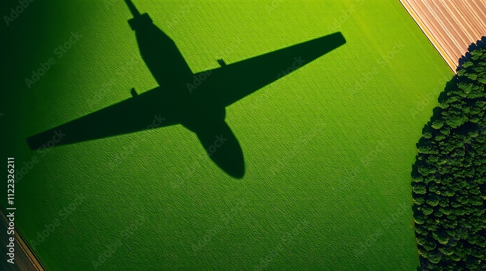 Shadow airplane flying above green field. Sustainable aviation fuel ...