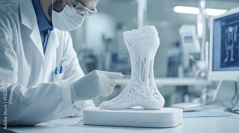 Scientist examining 3D-printed anatomical model of a human foot in a ...