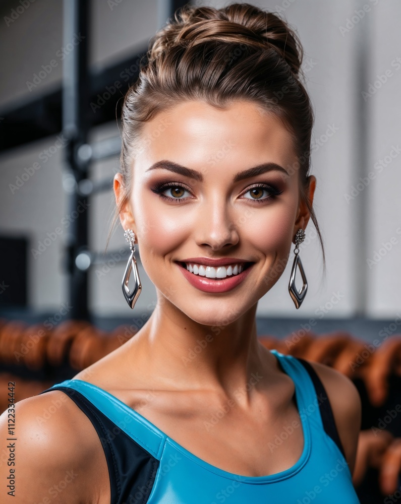 A cheerful, beautiful, exceptionally pretty face, feminine figure, young gymnastics teacher ...