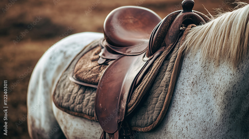 Horse with a leather saddle, depicting the western ride animal, vintage ...