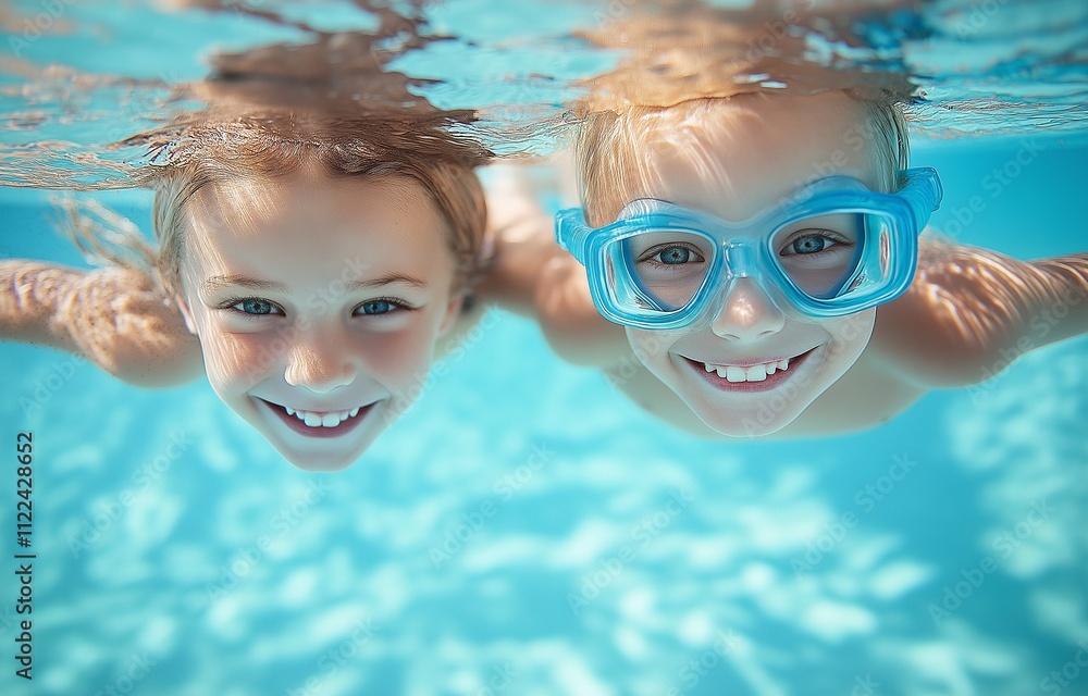 Kids of a sister and brother having fun swimming in the condominium ...