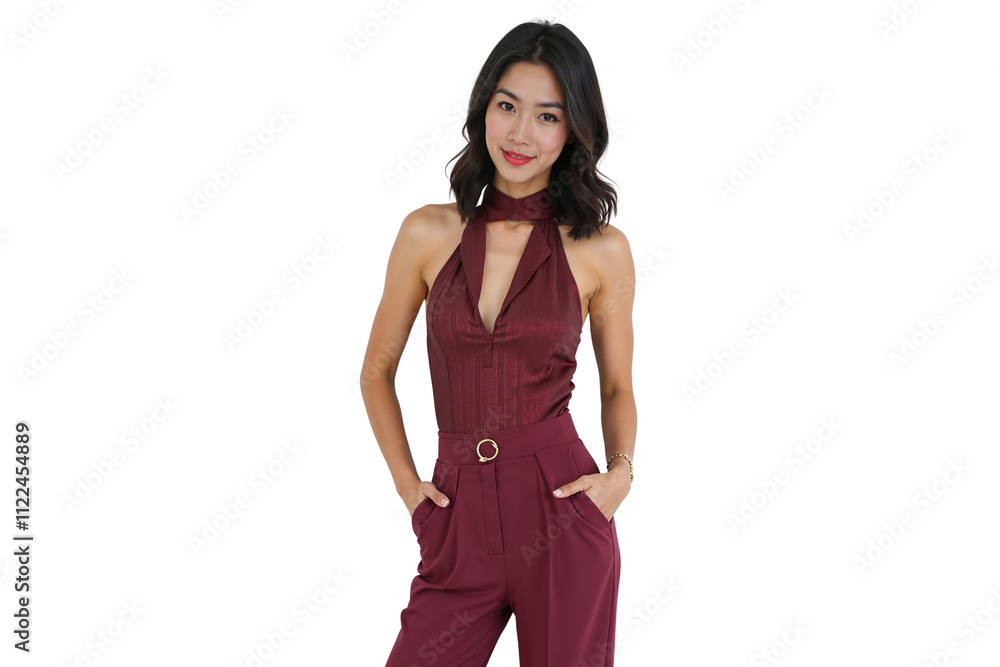 young Asian woman with long dark hair, wearing a maroon halter top and ...