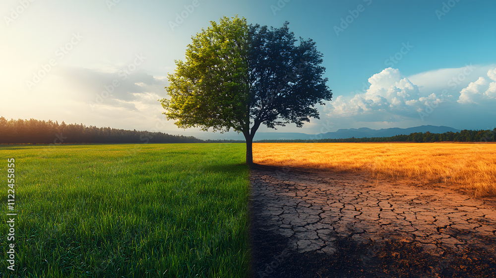 A tree is shown in two different environments, one lush and green and ...