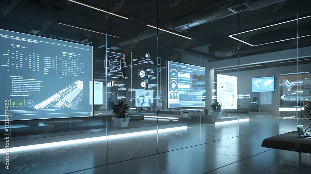 A futuristic office setting with multiple screens embedded into the walls, each showing ...