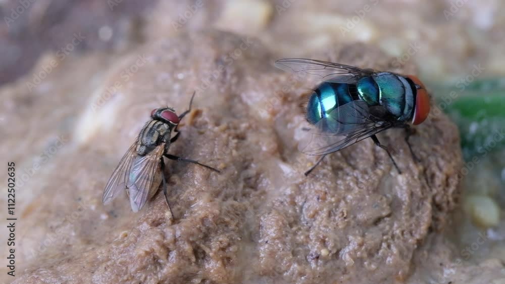 Footage of flies swarming and eating cat poop. Different types of flies ...