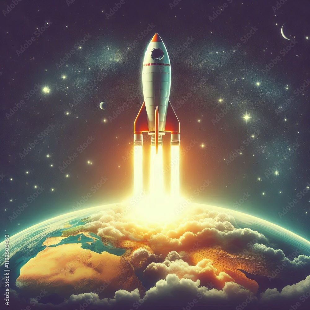 Retro Rocket A classic finned rocket blasting off from Earth Stock ...