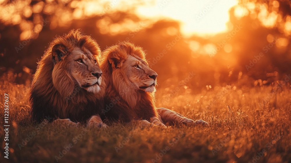 Dos leones machos descansando en la sabana al atardecer, con luz dorada ...
